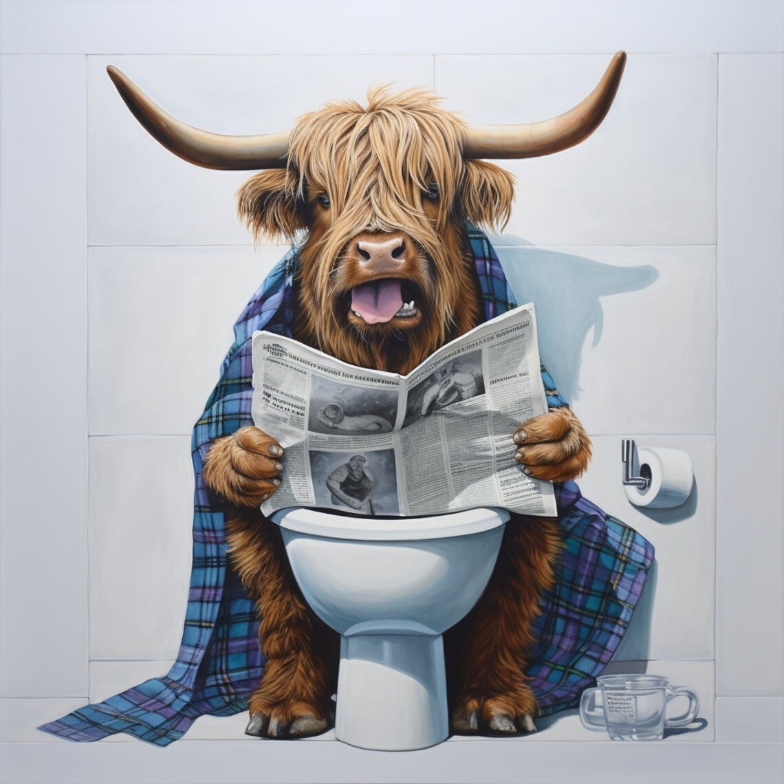 Scottish Highland Cow in Bathroom Reading Newspaper, Funny Bathroom Art ...