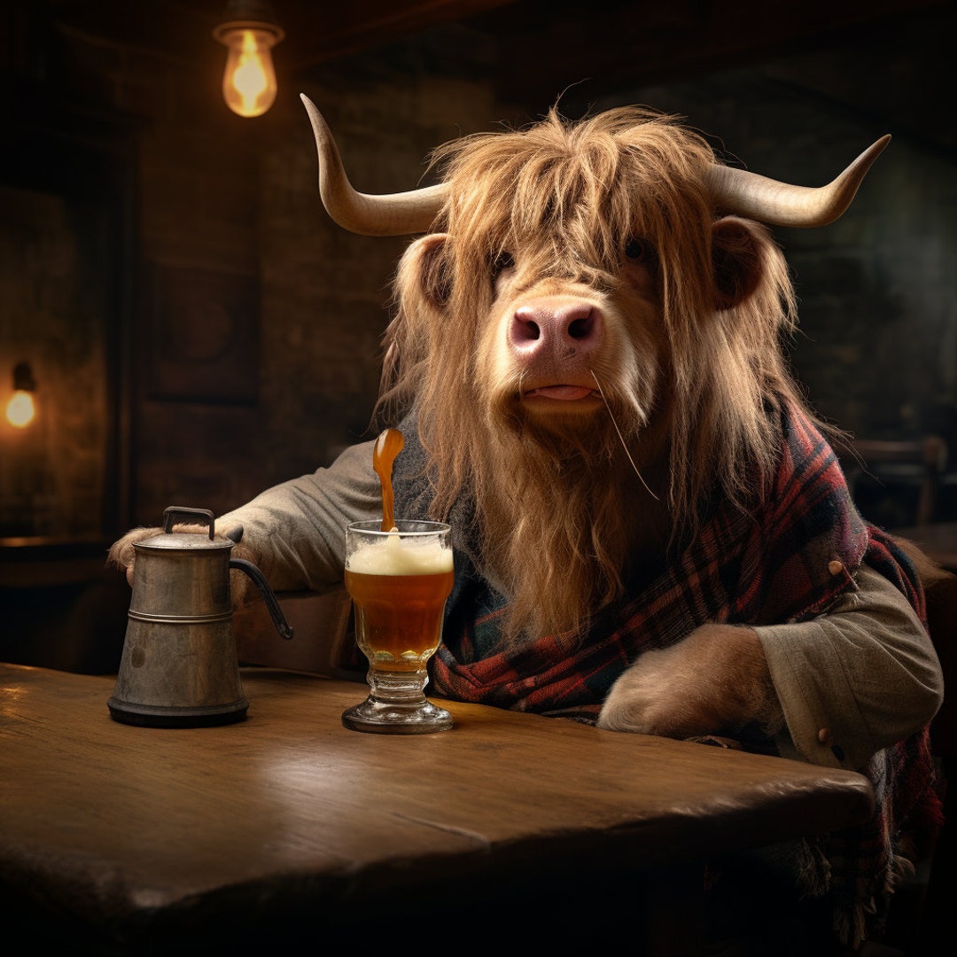 Scottish Highland Cow in A Bar Drinking Beer, Animal in a Bar, Bull ...