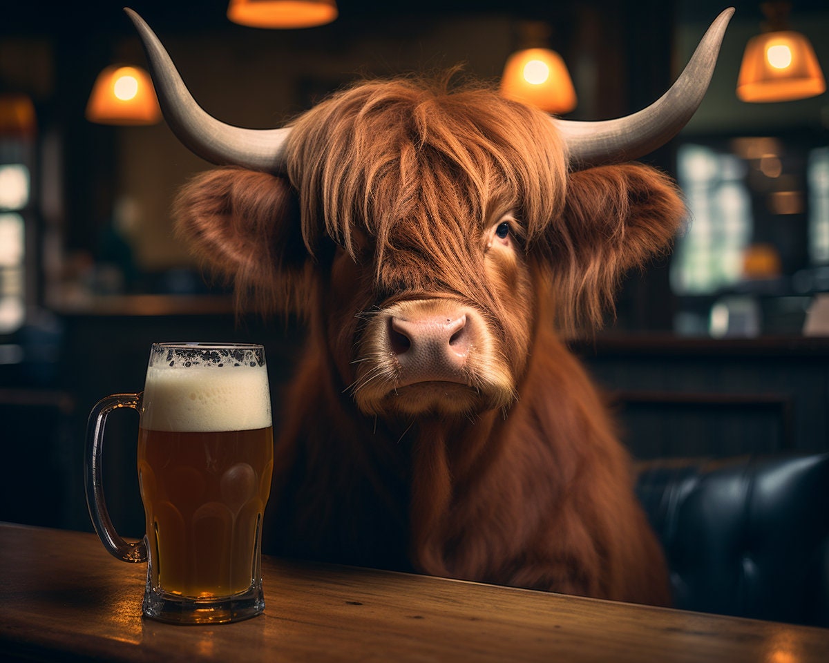 Scottish Highland Cow in A Bar Drinking Beer, Animal in a Bar, Bull ...