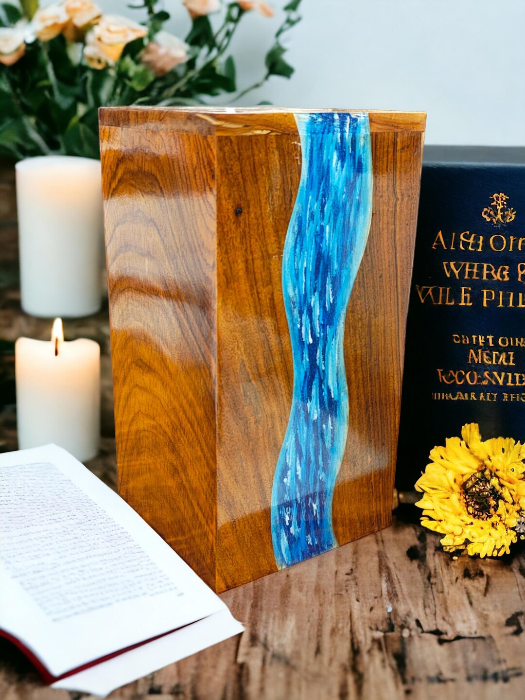 Handmade Wooden Rectangular Urn, Fractal Burning Human Ash Wood Epoxy ...