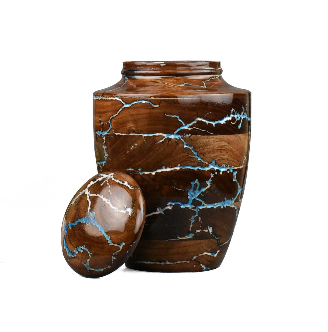 Handmade Wood and Blue Resin Cremation Urn – Unique Memorial Urn for ...