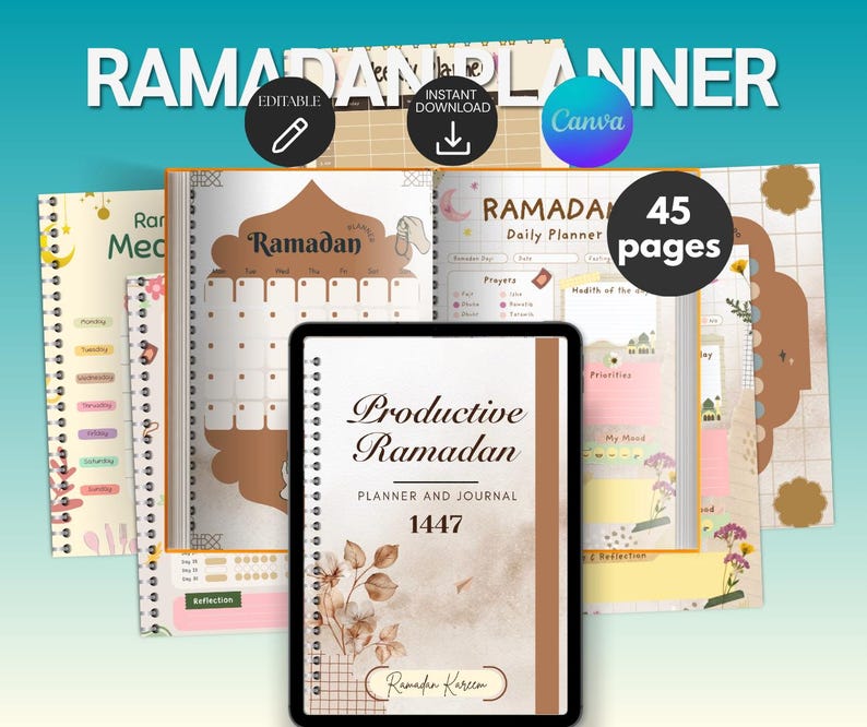 Digital Ramadan 2026 all-in-one planner, MRR PLR Editable Canva journal ...