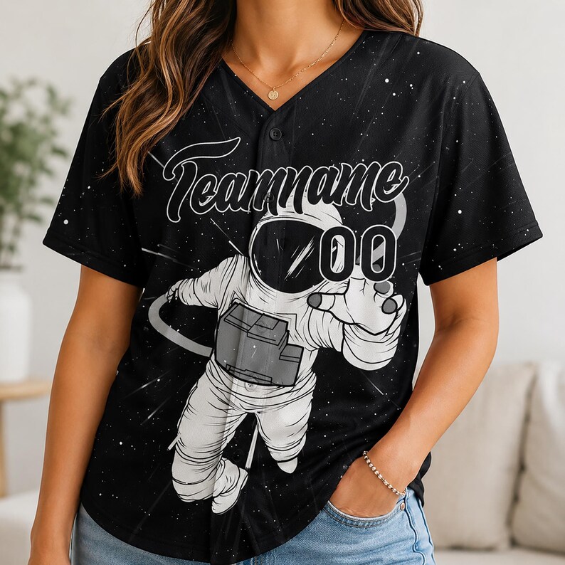 Astronaut Baseball Jersey, Black White 3D Pattern Jersey Shirt, Space ...