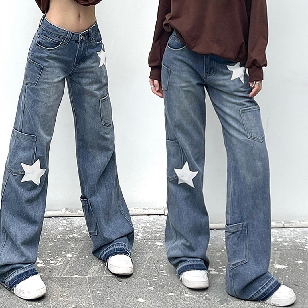 Chic Star Print Jeans Sweet Baggy Denim, Y2K Women Jeans, Vintage High ...