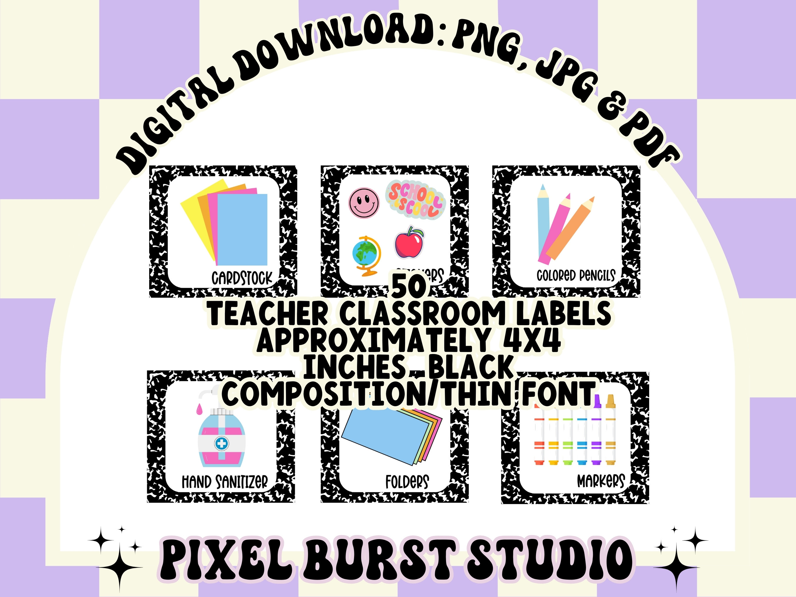 50 Teacher Classroom Labels in Black Composition Design With Thin Font ...