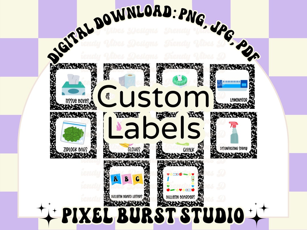 Custom Teacher Classroom Labels in Black Composition Design W.thin Font ...