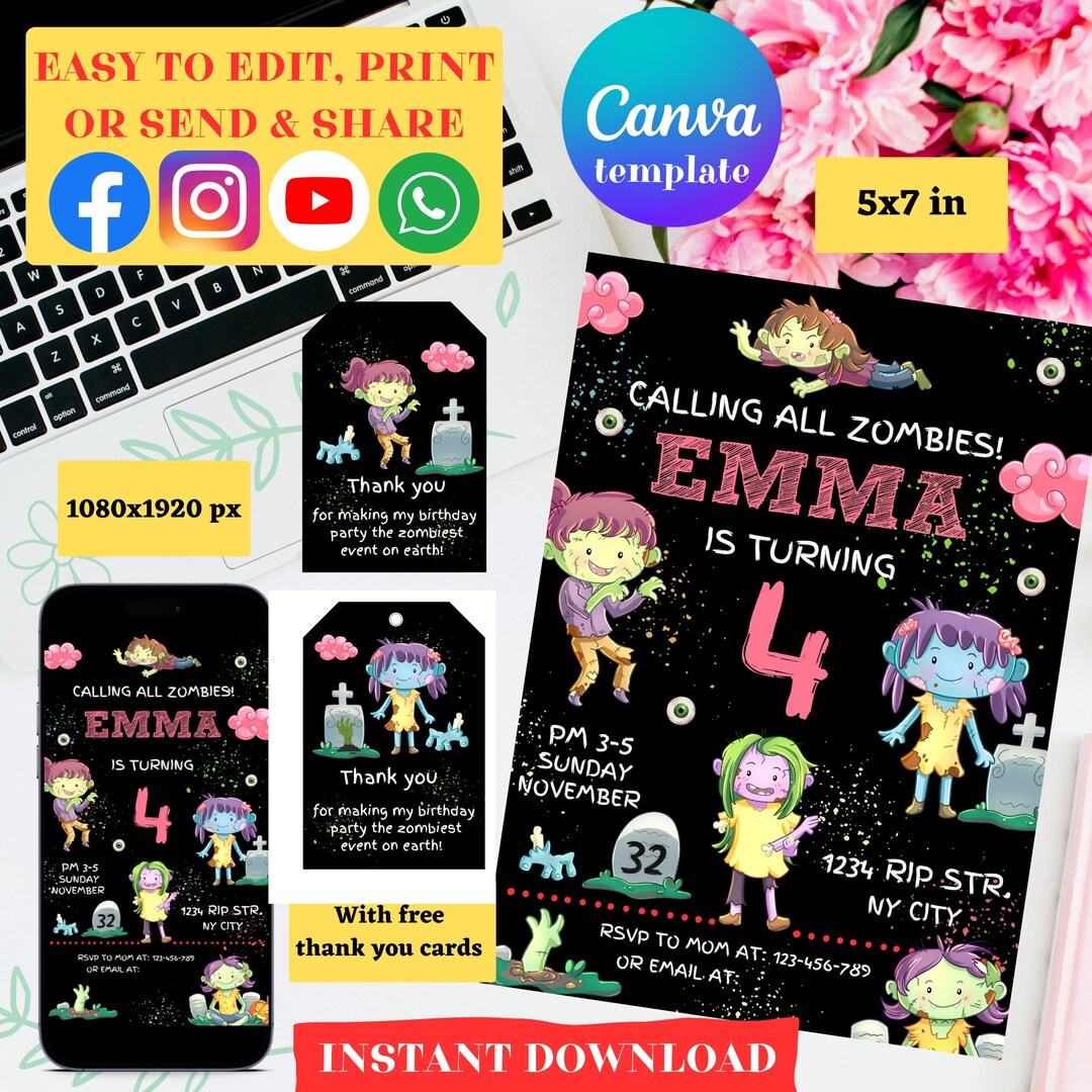 Editable Halloween Invitation Zombie Girl Invitation in 2 - Etsy