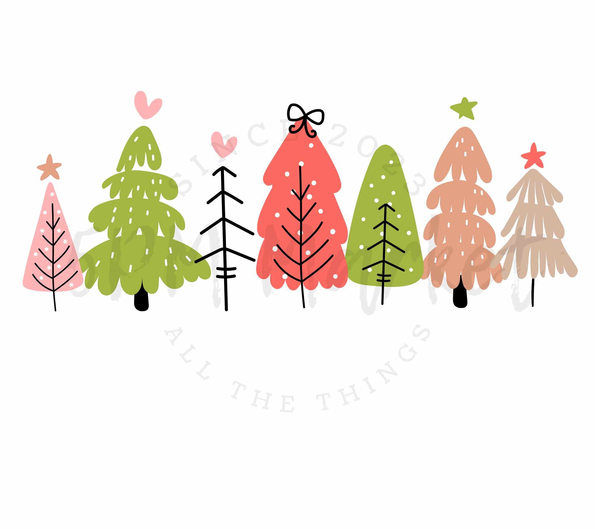 Digital PNG 6 Cute Christmas Trees Doodle Download Sublimation Winter ...