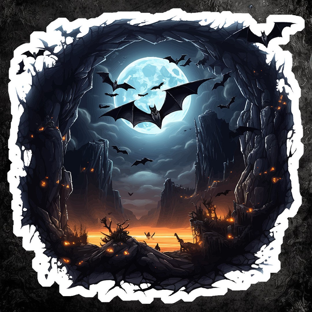 Full Moon Bat Swarm Over Lava Lake Sticker - Striking Vinyl Decal ...
