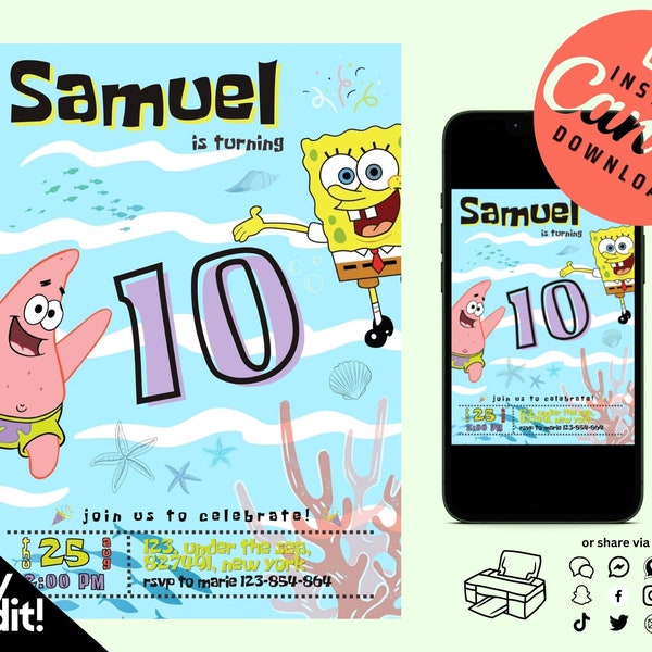 Spongebob Birthday Invitation Canva - Etsy