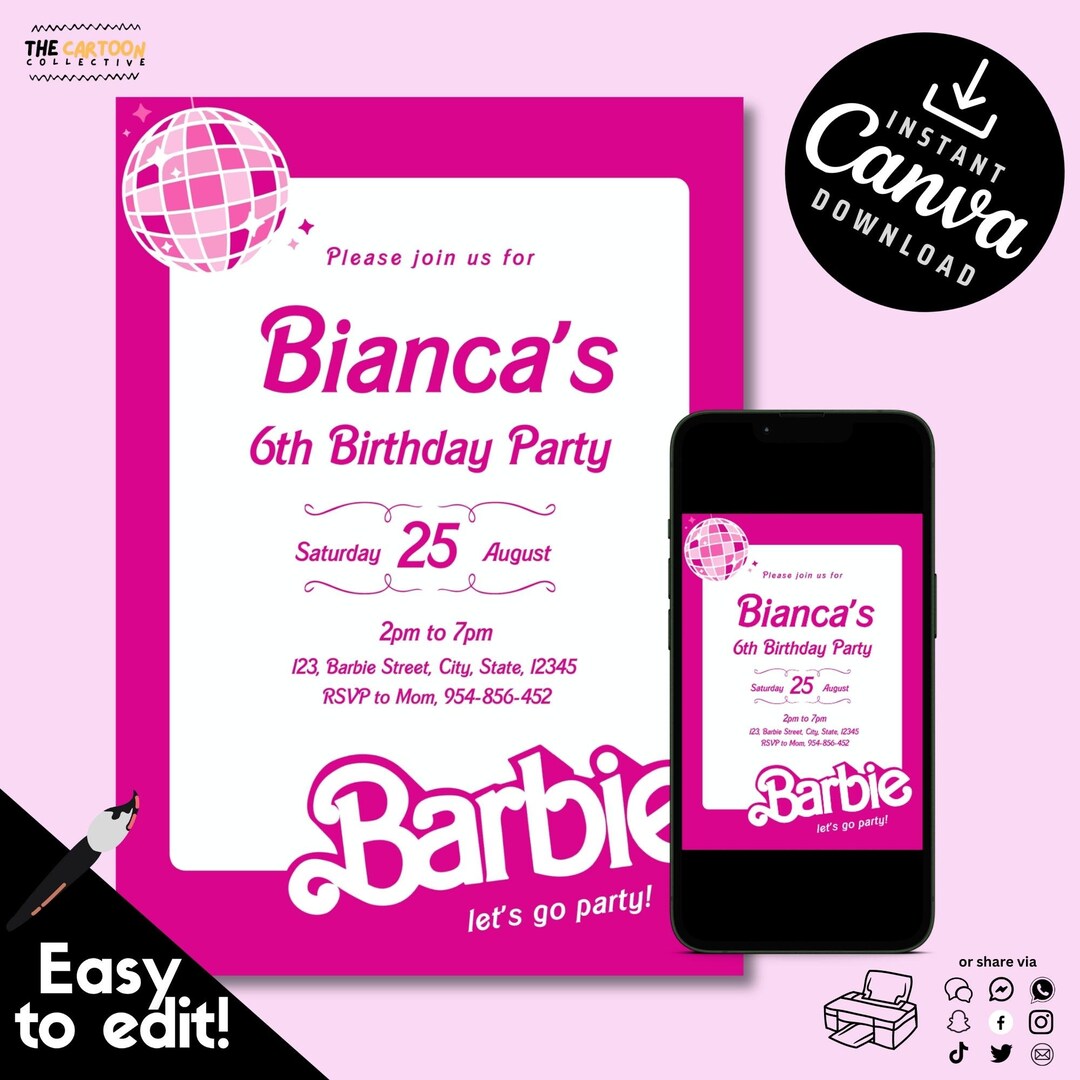 Barbie Birthday Pink Invitation Girls Digital Download Editable Canva ...