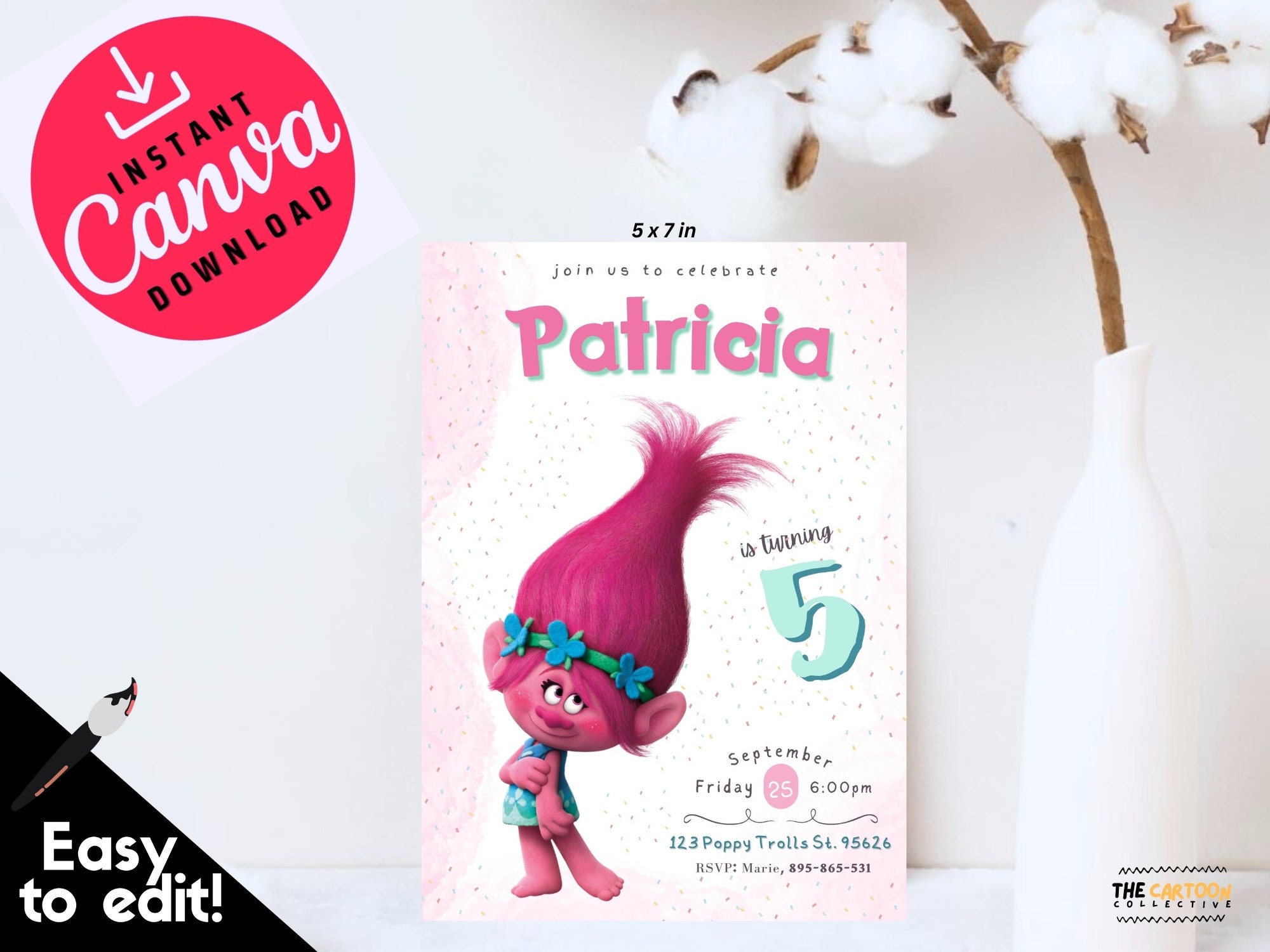 Trolls Poppy Editable Birthday Invitation Template Canva - Etsy
