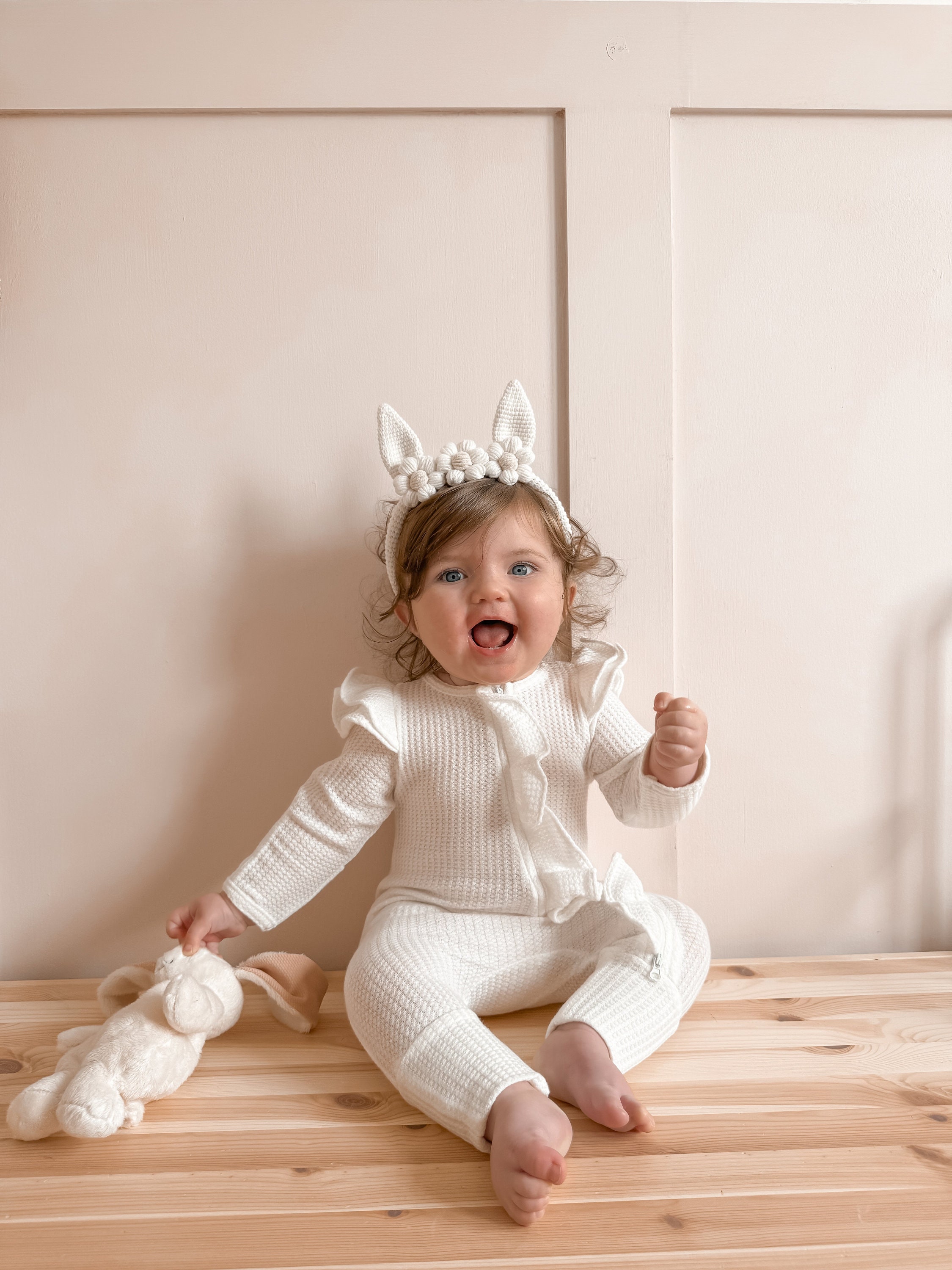 Milk White Waffle Cotton Romper Ruffle Zipper Footie With Bow, Baby ...