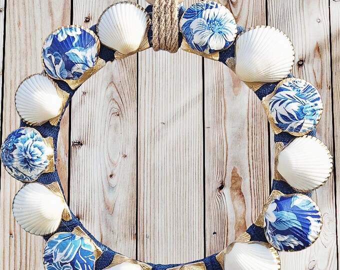 Scallop Shell Wreath - Blue and White Floral - Etsy