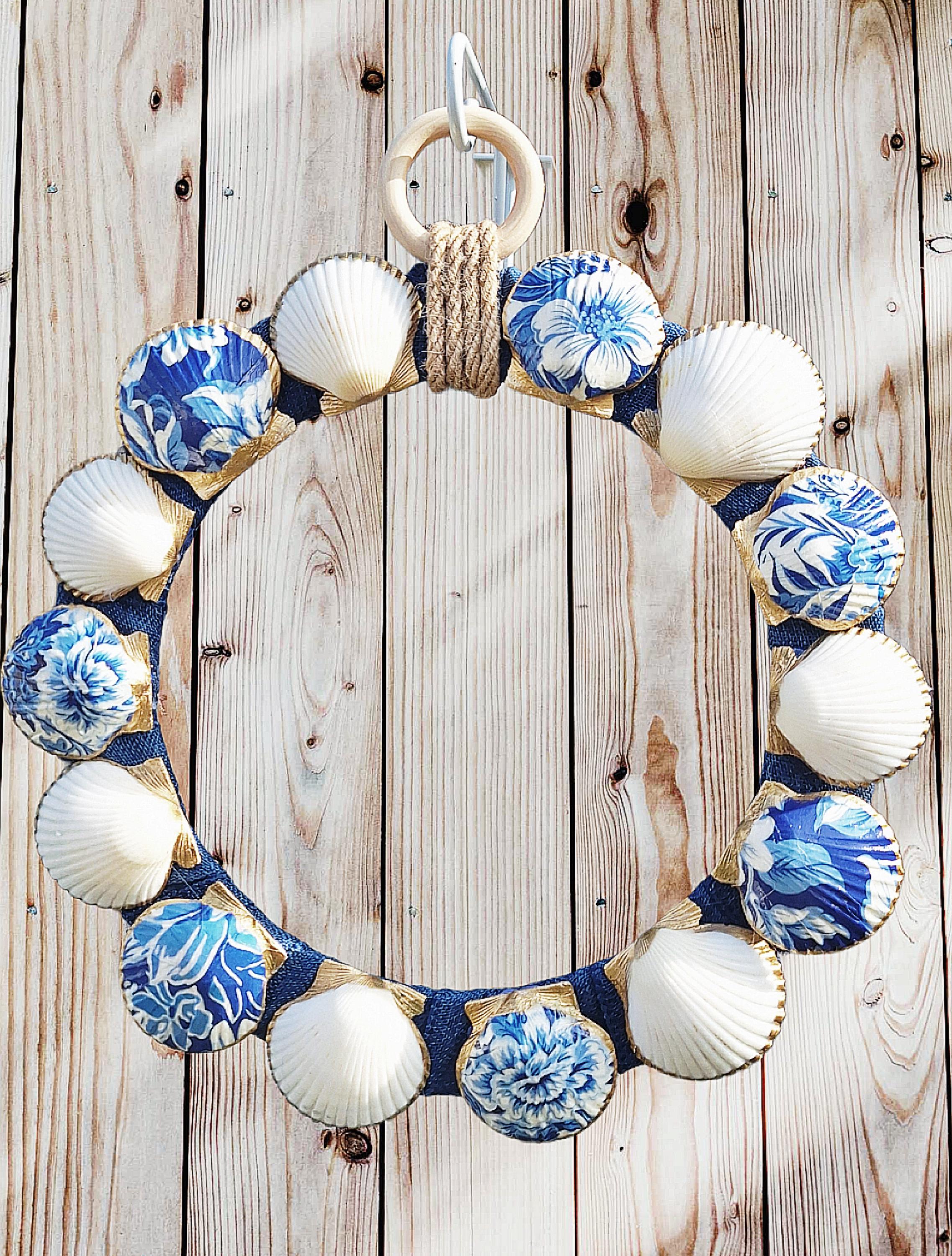 Scallop Shell Wreath - Blue and White Floral - Etsy