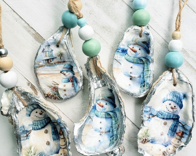 Coastal Snowman Oyster Shell Ornaments Beach Snowman Ornaments Coastal ...