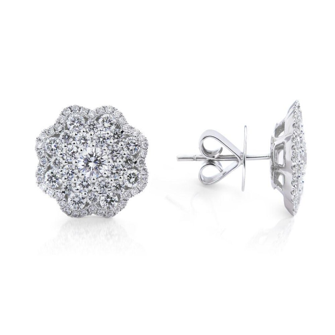 Diamond Flower Cluster Studs in 18K White Gold (1.78ct) - Etsy