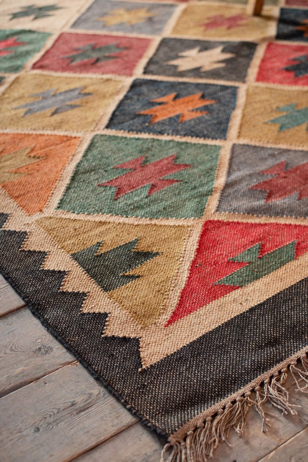 4x6 Ft Checked Wool Jute Kilim Rug,boho Home Decor Livingroom Bedroom ...