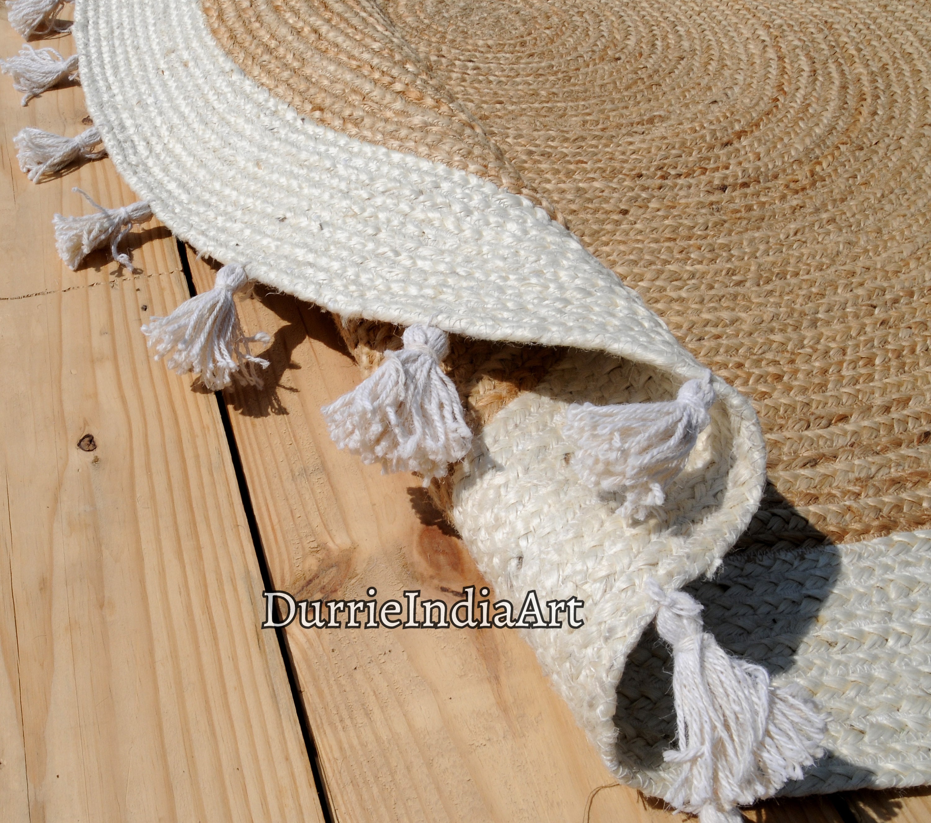 Round Jute Rug - White Tassels Round Rug, Boho Round Rug, Natural Jute ...
