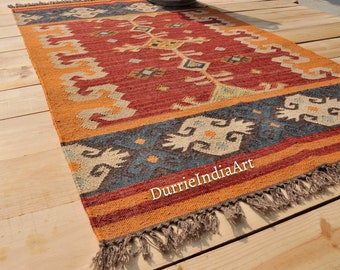 Wool and Jute Rug in Red Color, Handmade Kilim Dhurrie Rug, Traditional ...