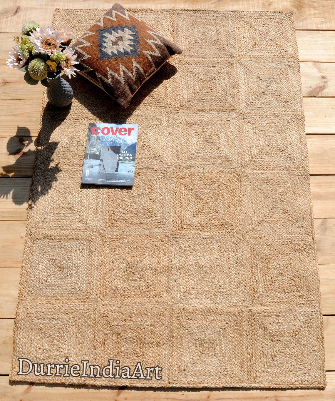 Indian Handmade Natural Beige Scandinavian Rug. Pattern Box Jute Rug ...