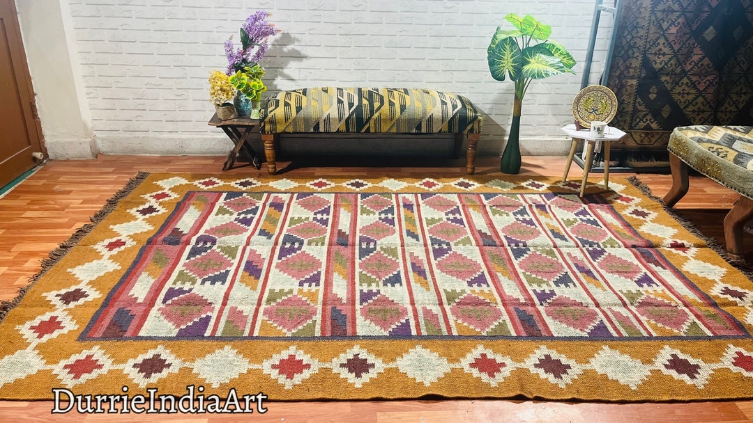 Handmade Woven Bricks Jute Kilim Rug Large Kilim Wool Jute Rug Wool ...