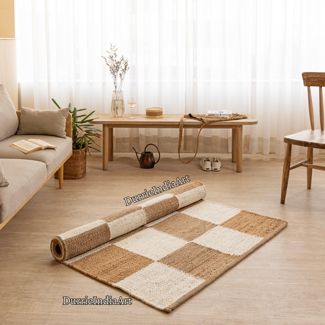 Checkered Jute Rug, Raw Jute Checkboard Rug for Living Room, Custom ...