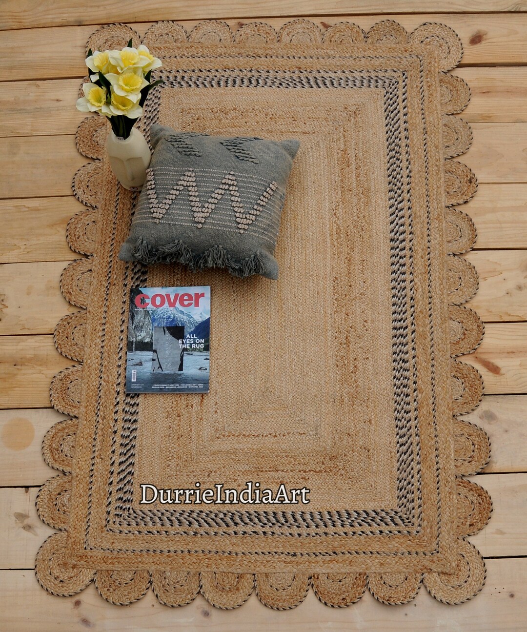 Jute Runner Rug - Scalloped Runner Rug, Bohemian Scallop Rug, Natural ...