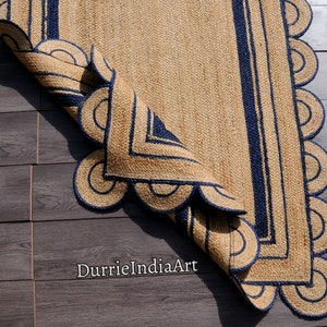 Hand Braided Natural Jute Rug With Blue and Brown Scallop Scalloped ...