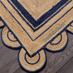 Hand Braided Natural Jute Rug With Blue and Brown Scallop Scalloped ...