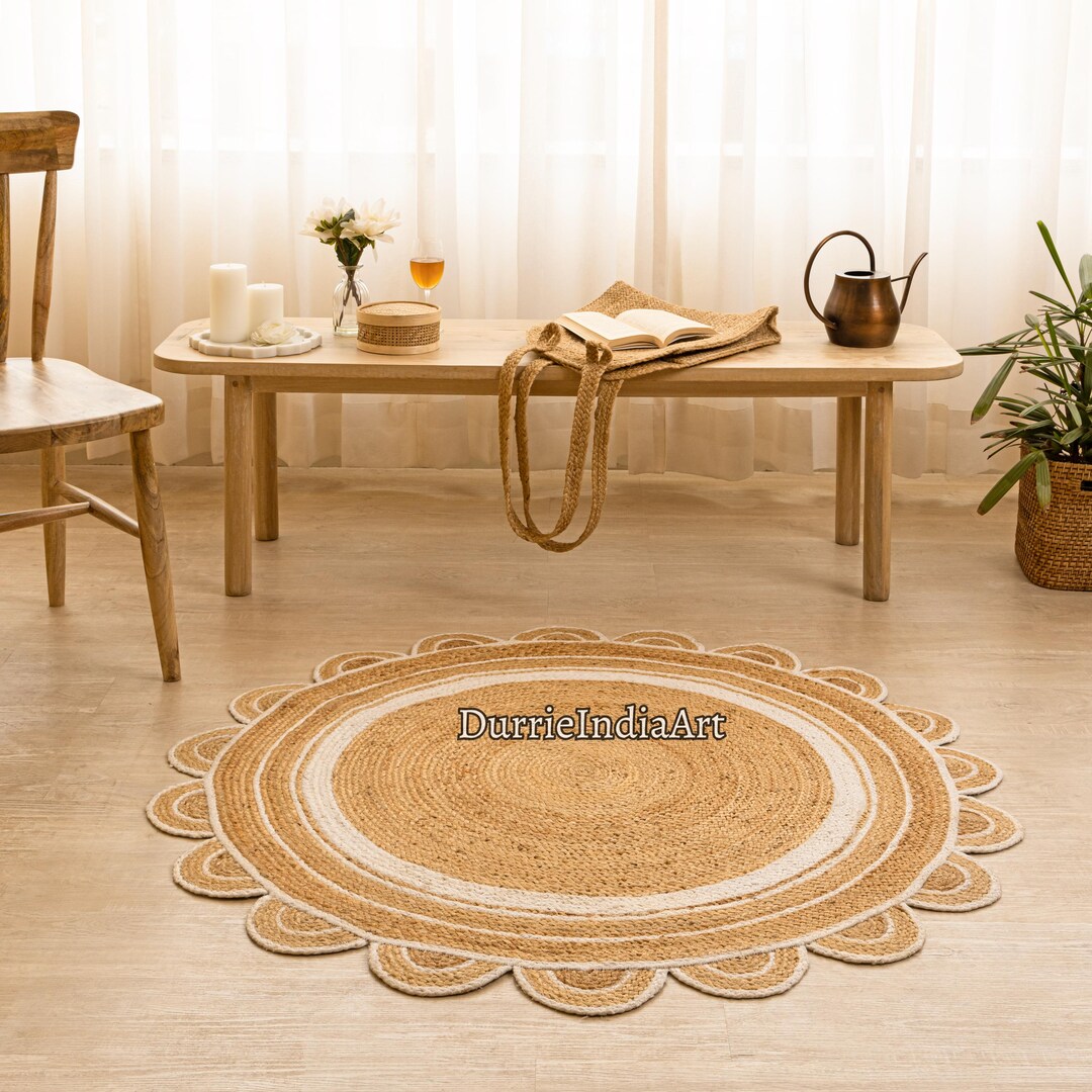 Handmade Natural Scalloped Round Jute Rug, Handwoven Round Rug ...