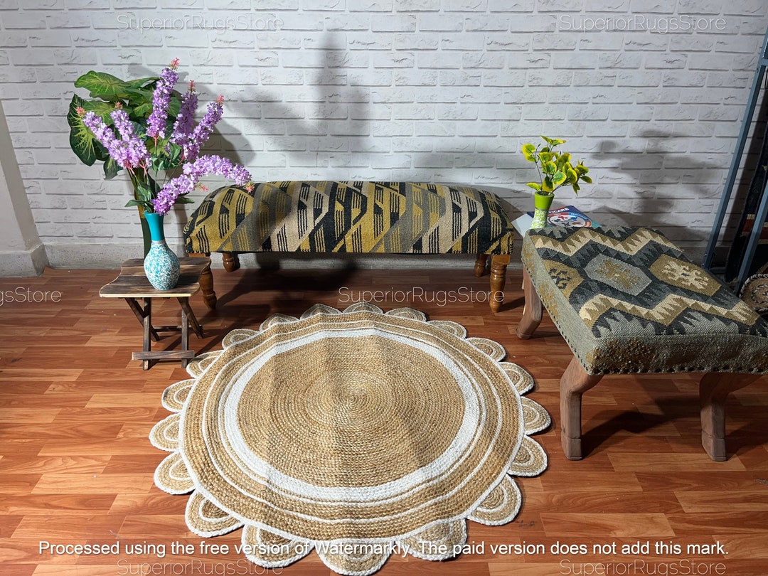 Natural Jute Scalloped Round Rug, White Scallop Pattern Rug, Flower Rug ...