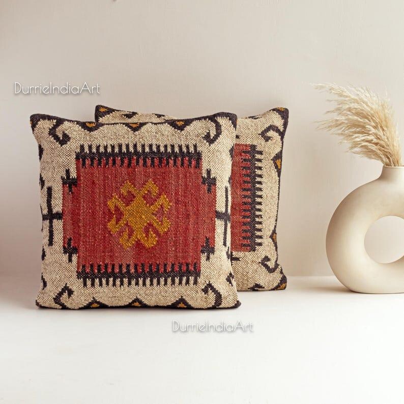 2 Set of Indian Hand Woven Wool Jute Cushion Cover 18x18 Inch Jute ...