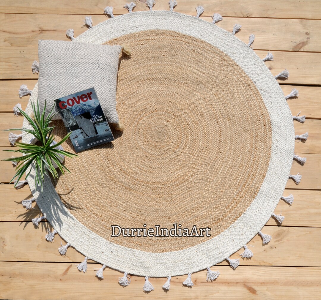 Round Jute Rug - White Tassels Round Rug, Boho Round Rug, Natural Jute ...