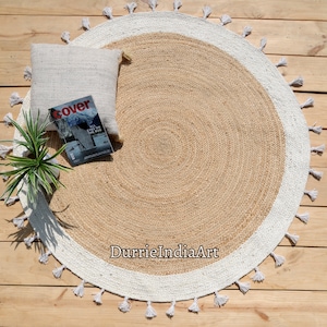 Round Jute Rug - White Tassels Round Rug, Boho Round Rug, Natural Jute ...