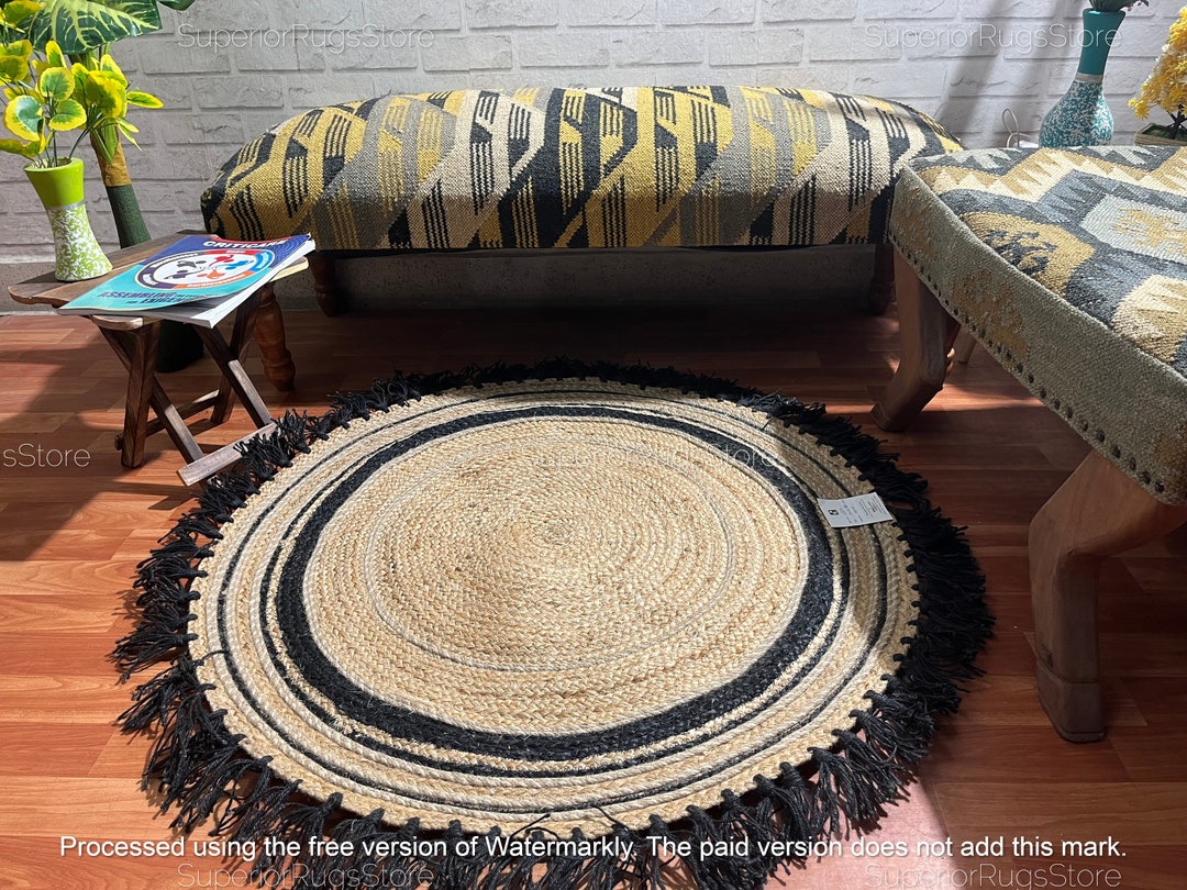 Round Jute Rug White Tassels Round Rug, Boho Round Rug, Natural Jute ...