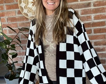 Black White Checkered Handmade Cardigan Black White Summer Cardigan ...