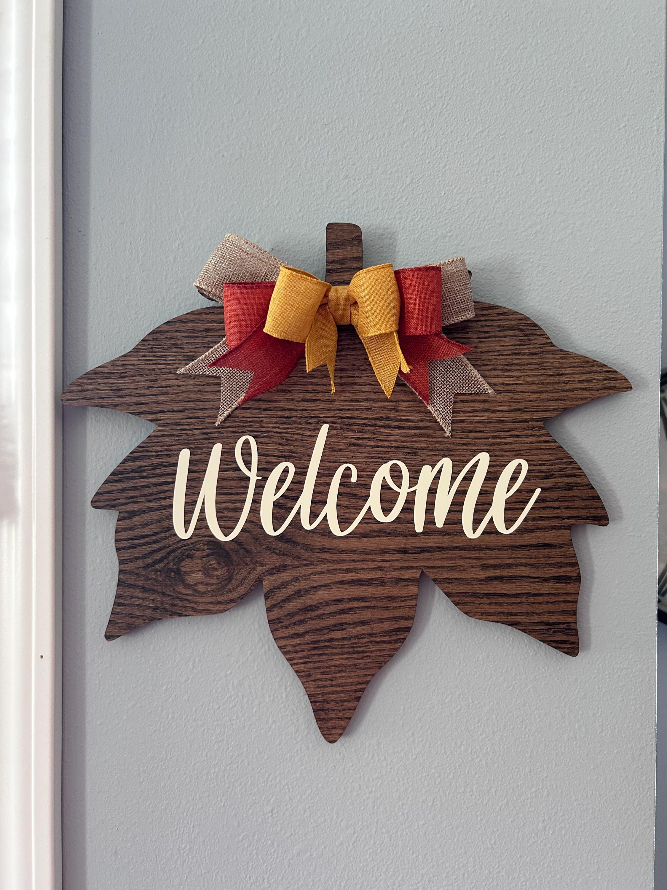 Maple Leaf Welcome Sign: Oak Fall Wall Decor With Burlap Ribbon - Etsy