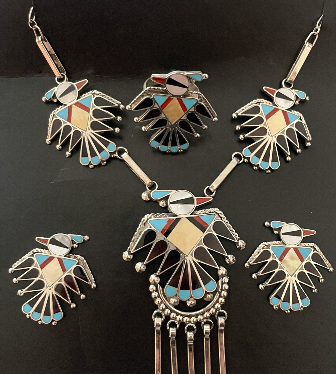 Zuni Thunderbird Necklace, Earrings, and Ring Set. Sterling Silver ...