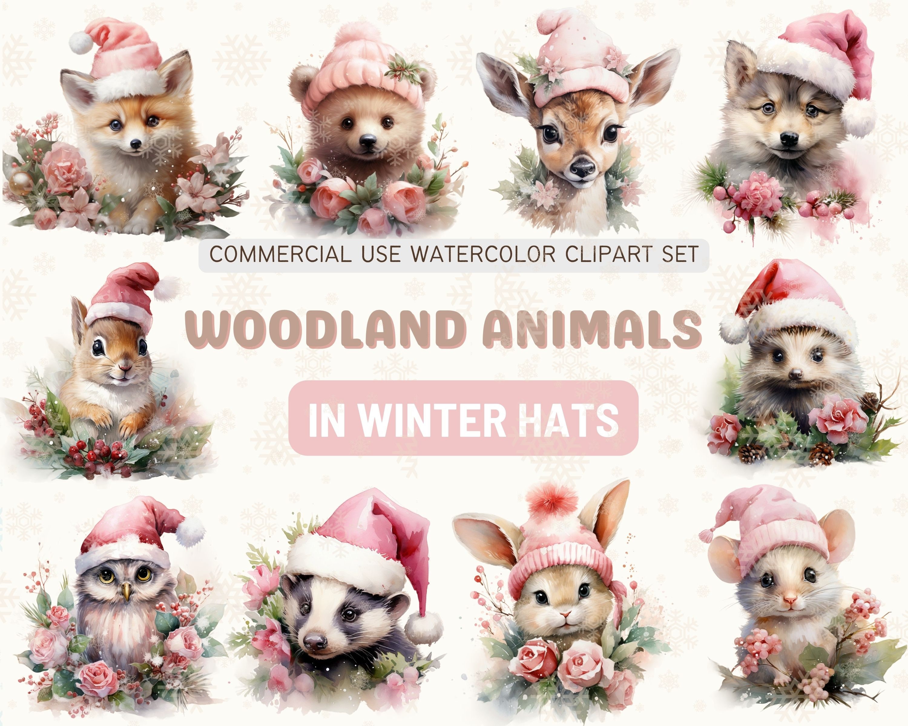 Christmas Baby Animals Clipart Bundle Wood Animals With Winter Hat 10 ...