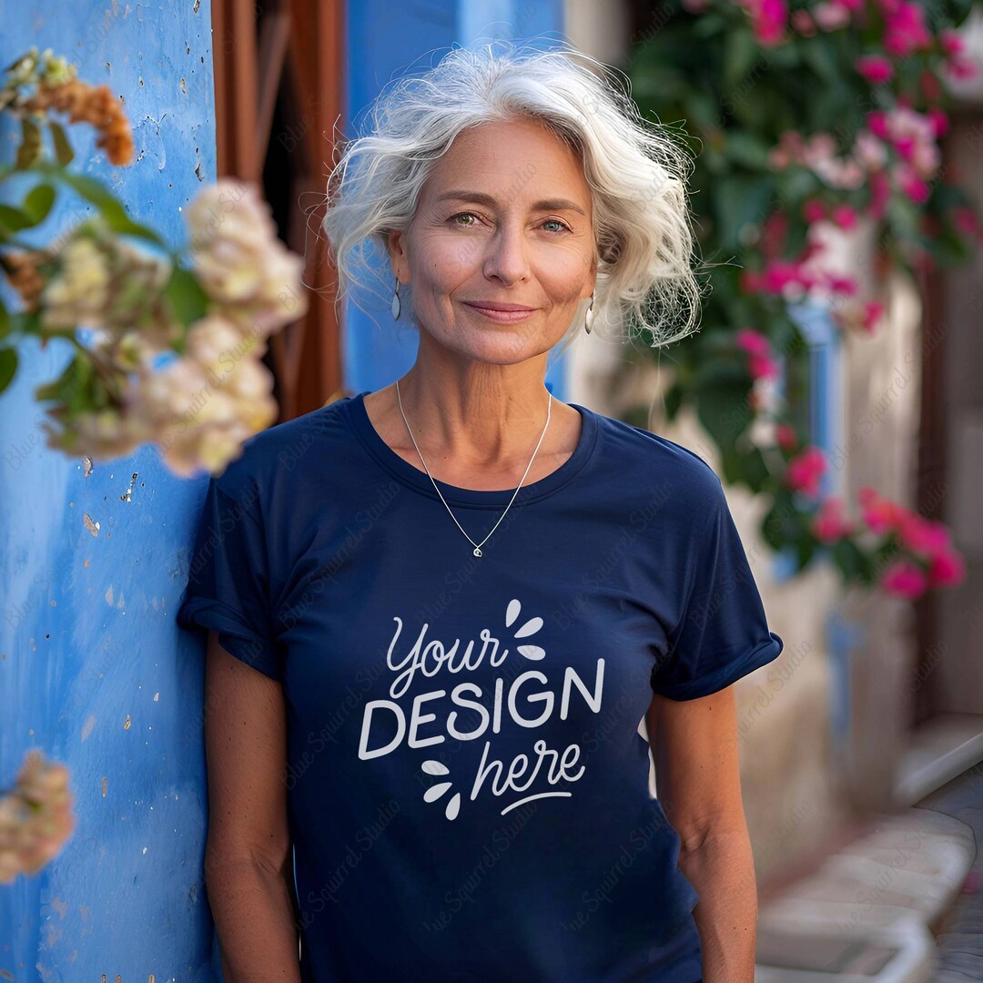 3001 Navy T-shirt Mockup Older Woman Bella Canvas 3001 Grandma Dark ...