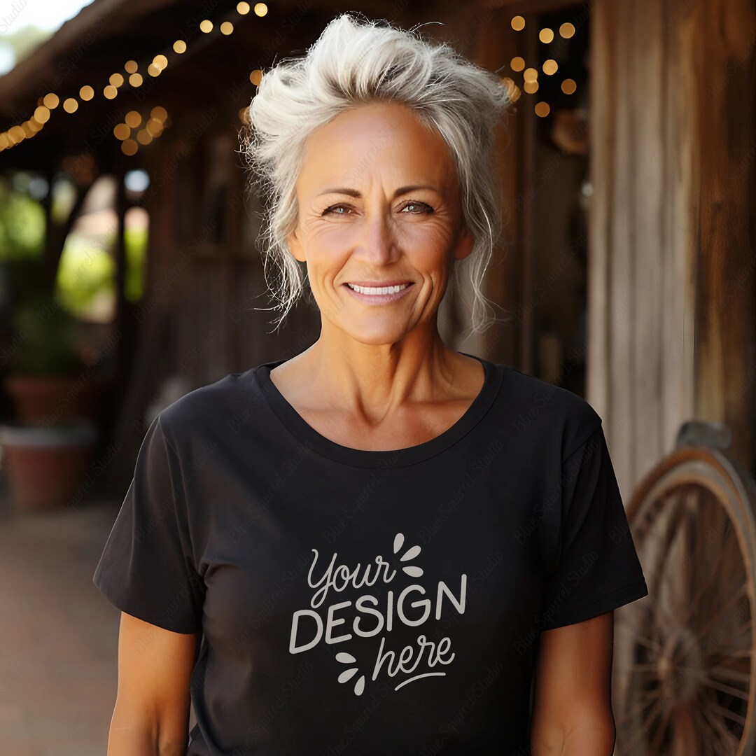 Older Woman Black Gildan 64000 T-shirt Mockup Grandma Shirt Mock up ...
