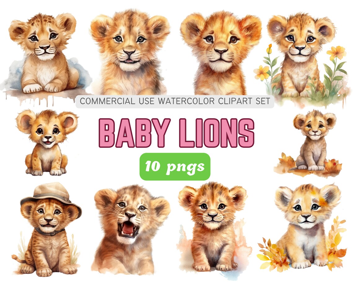Watercolor Baby Lions Clipart Set Cute Lion Cubs Watercolor - Etsy