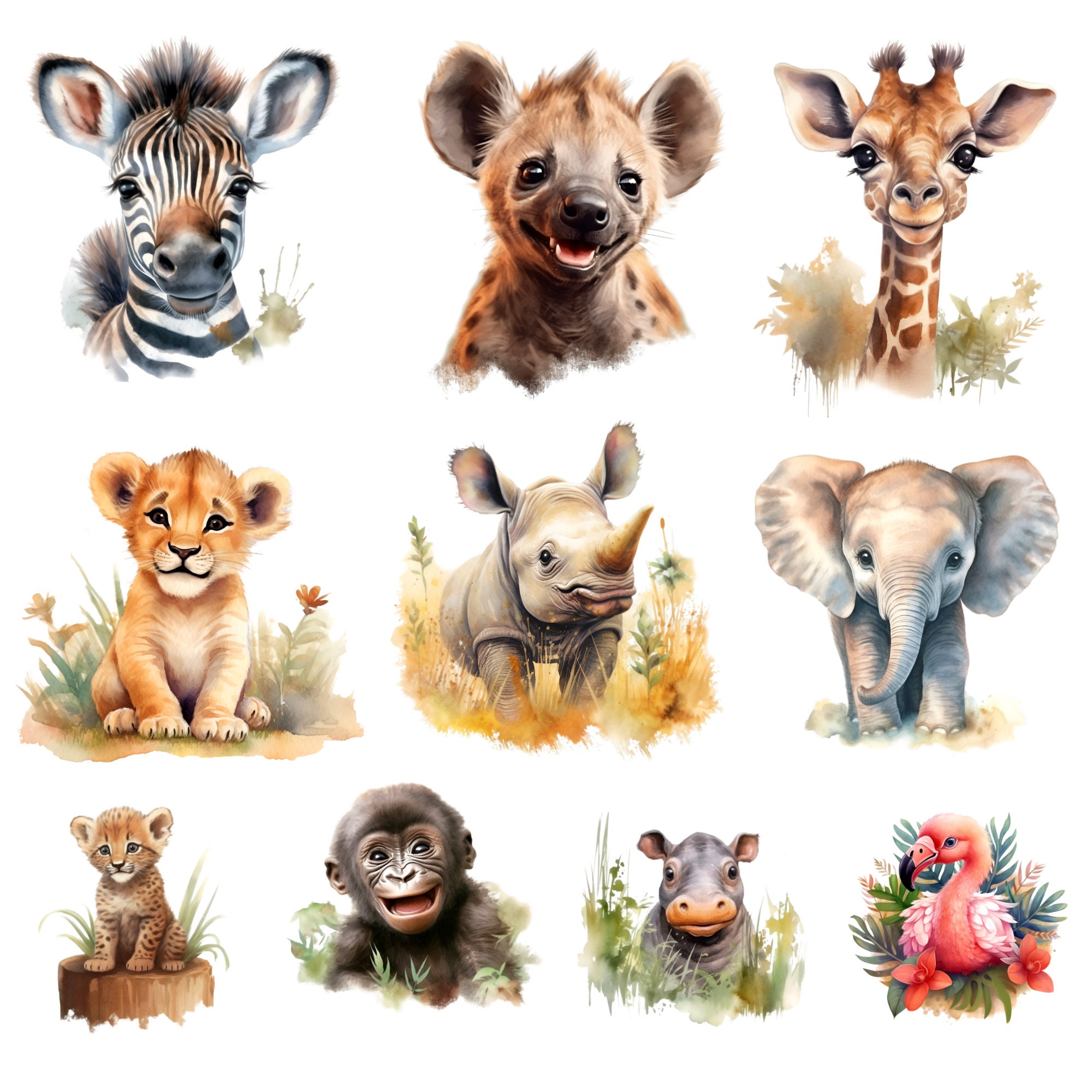 Watercolor Safari Baby Animals Clipart Set Cute Jungle Animals ...