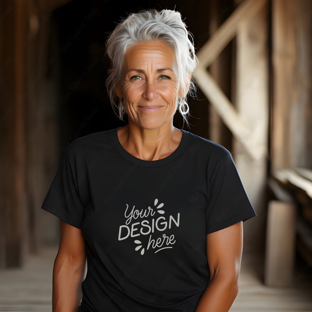 Older Woman Black Gildan 5000 T-shirt Mockup Grandma Shirt Mock up ...