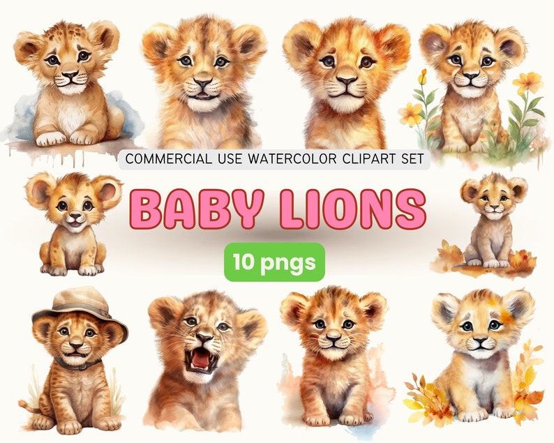 Watercolor Baby Lions Clipart Set Cute Lion Cubs Watercolor Lions PNG ...