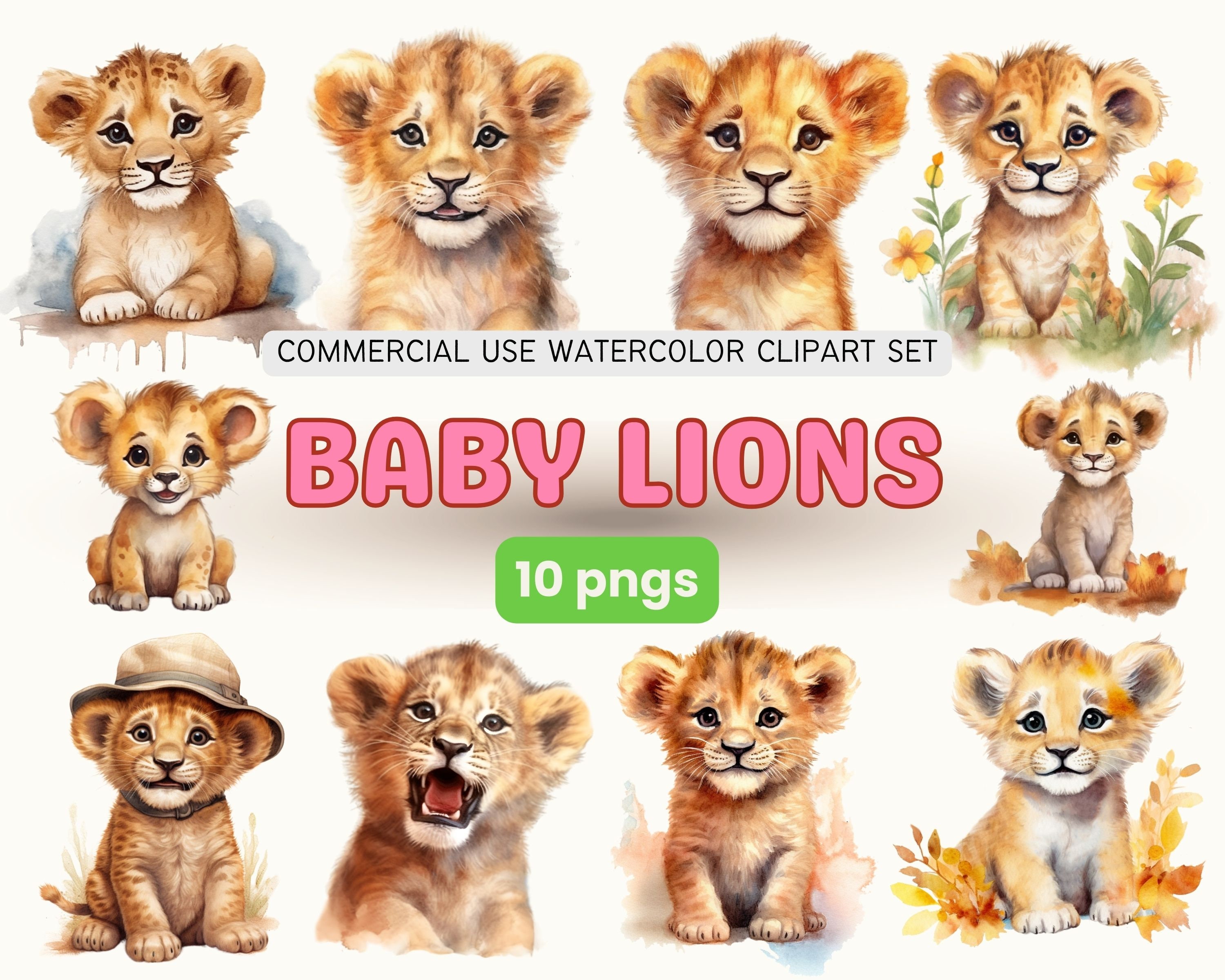 Watercolor Baby Lions Clipart Set Cute Lion Cubs Watercolor Lions PNG ...