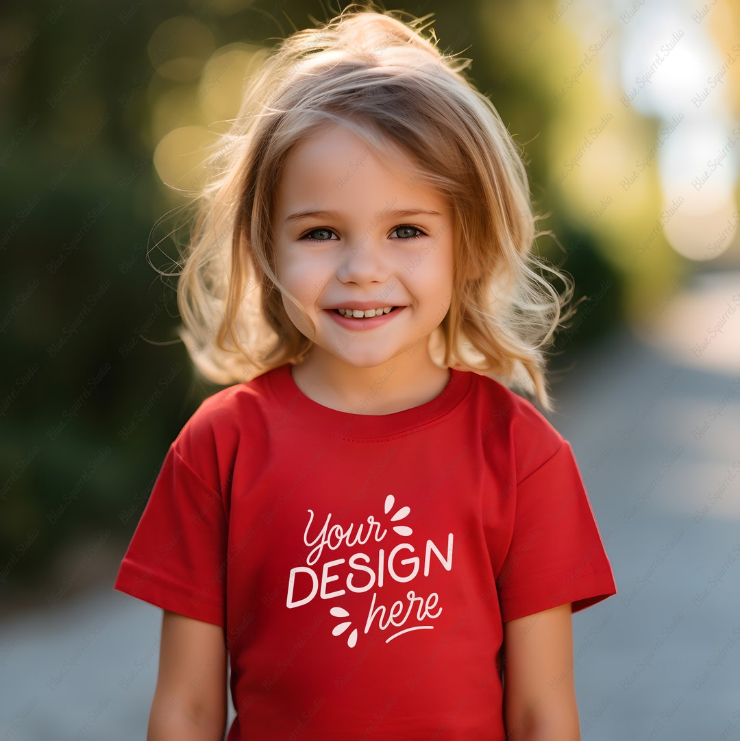 Kid Girl Red T-shirt Mockup Summer Outdoor Bella Canvas 3001 Child ...