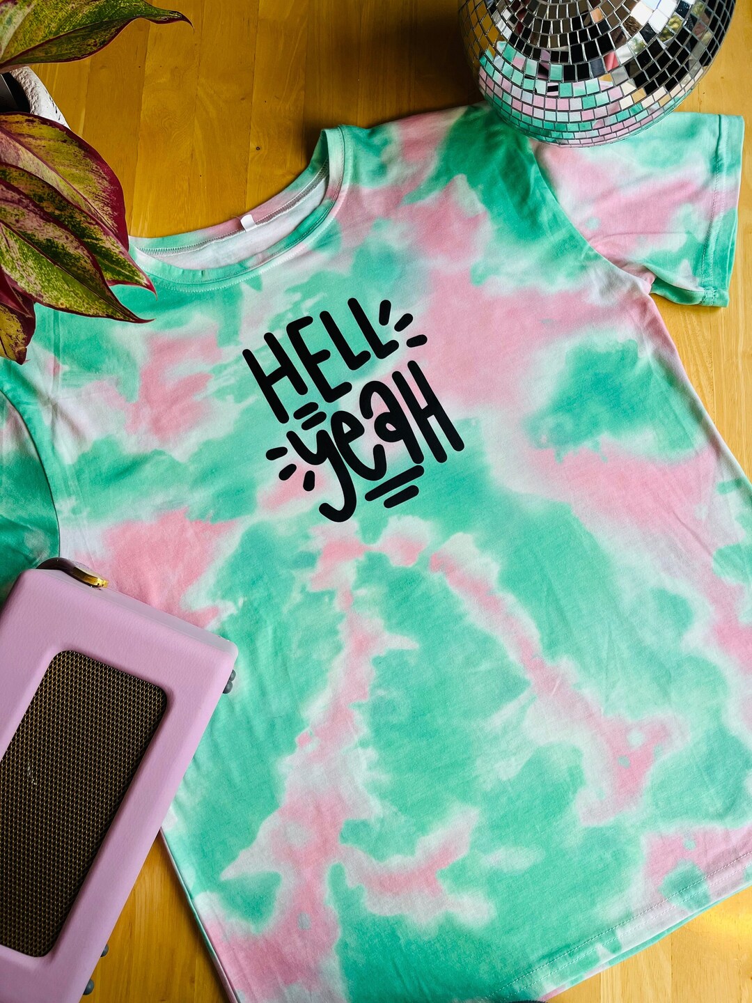Upcycled Tie-dye T-shirt: 'hell Yeah' Print, Green & Pink Tie Dye (size ...