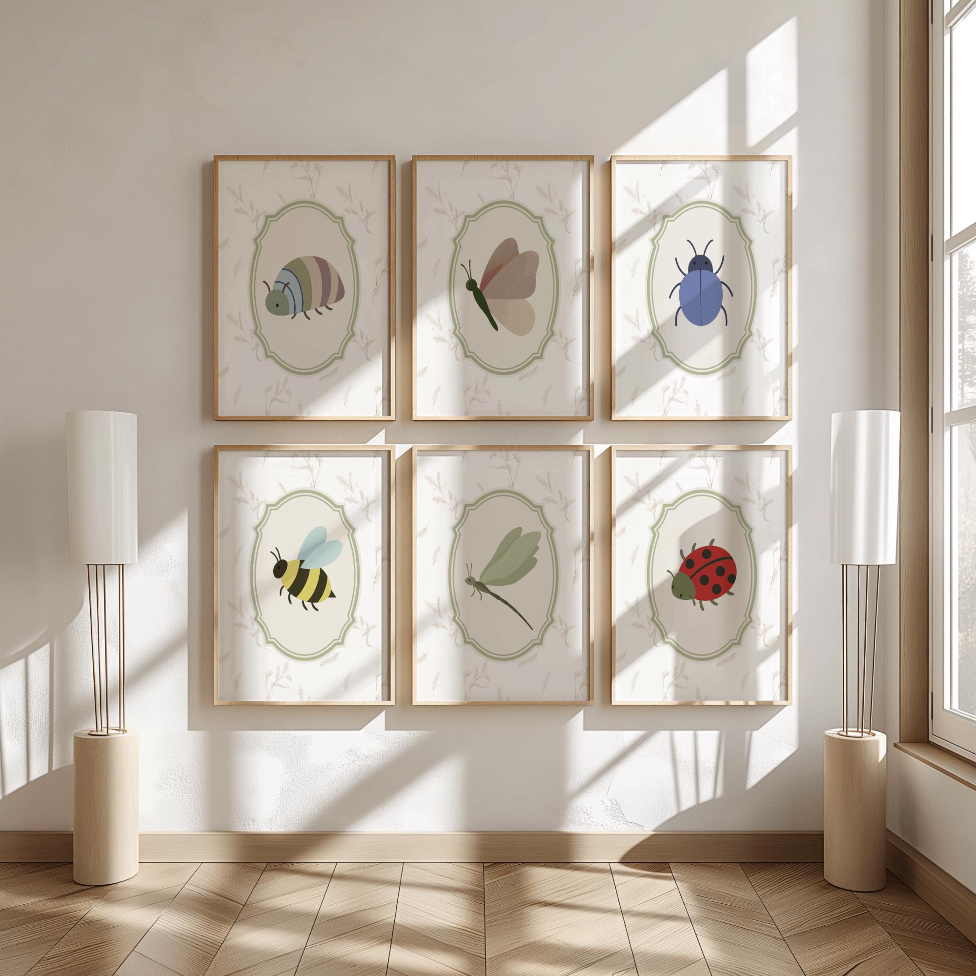Vintage Insects Wall Art - Set of 6, Striped Bug and Butterfly Wall ...